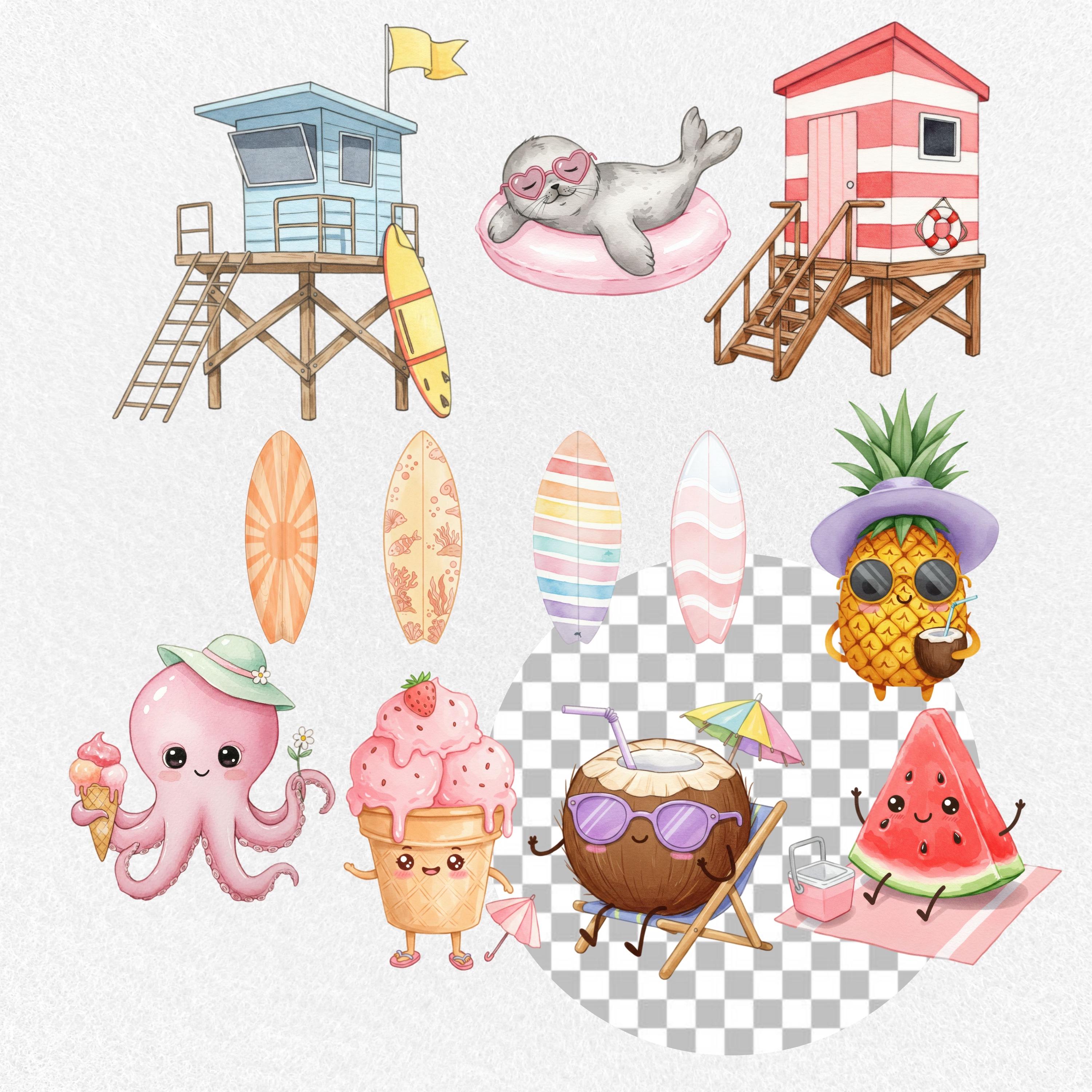 Watercolor Surf Beach Clipart – Hand Painted Ocean Waves PNG, Surfboard ...