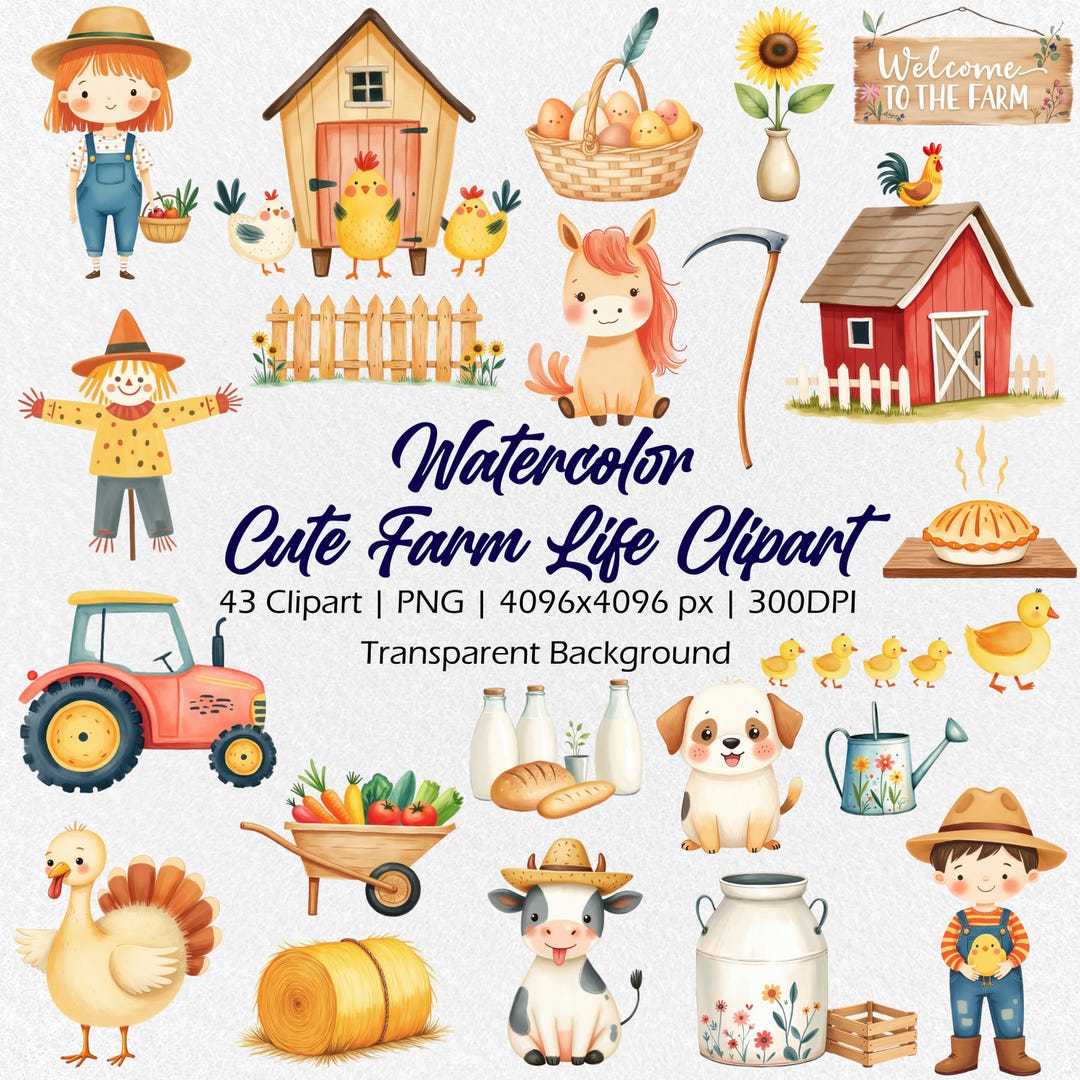 Watercolor Cute Farm Clipart – Hand Painted Farm Animals PNG, Rustic ...