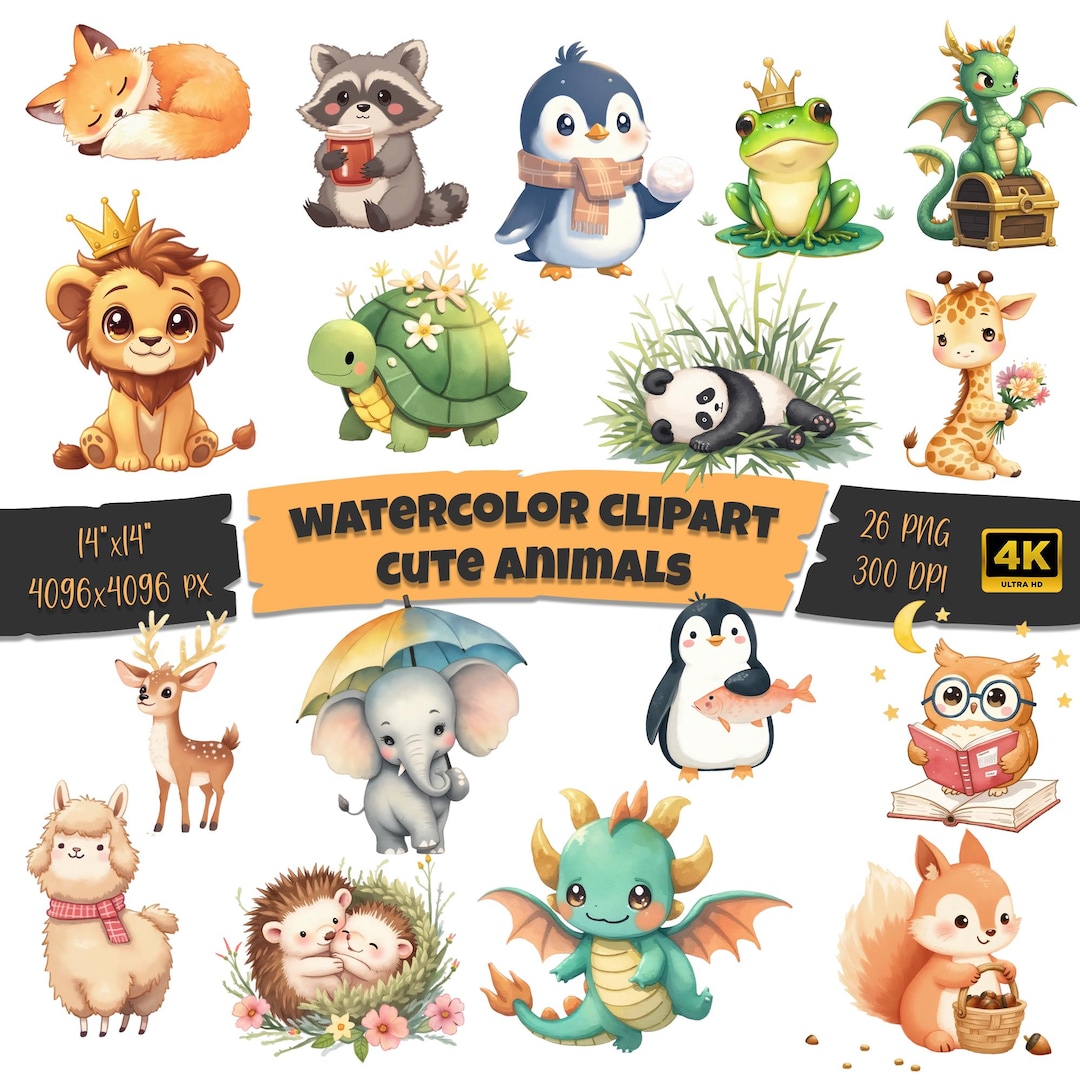 Watercolor Cute Animals Clipart, 26 Cute Animal PNG, Watercolor Animals ...