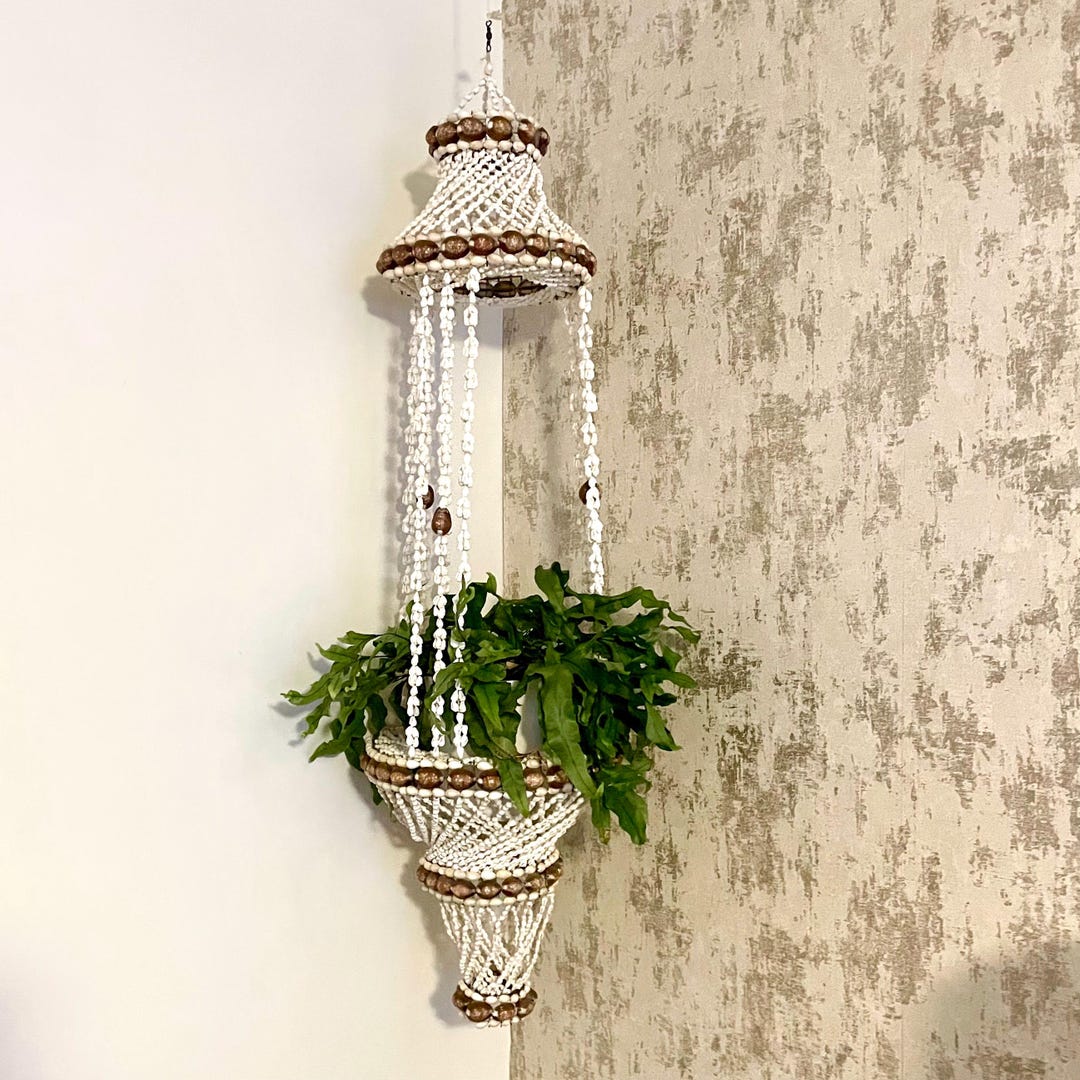 Vintage Sea Shell Cowrie Hanging Plant Holder Boho MCM Tiki Tiered 36 ...