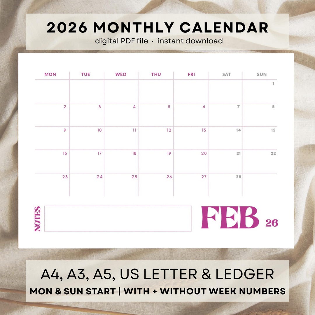 2026 Monthly Calendar Printable | A4 A3 A5, US Letter (digital PDF File ...