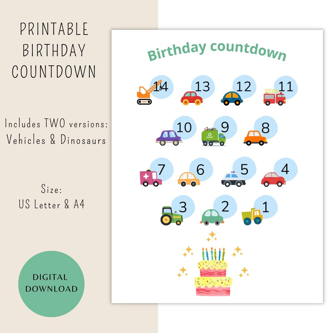 Printable Birthday Countdown Calendar for Kids * Two Colorful Designs ...