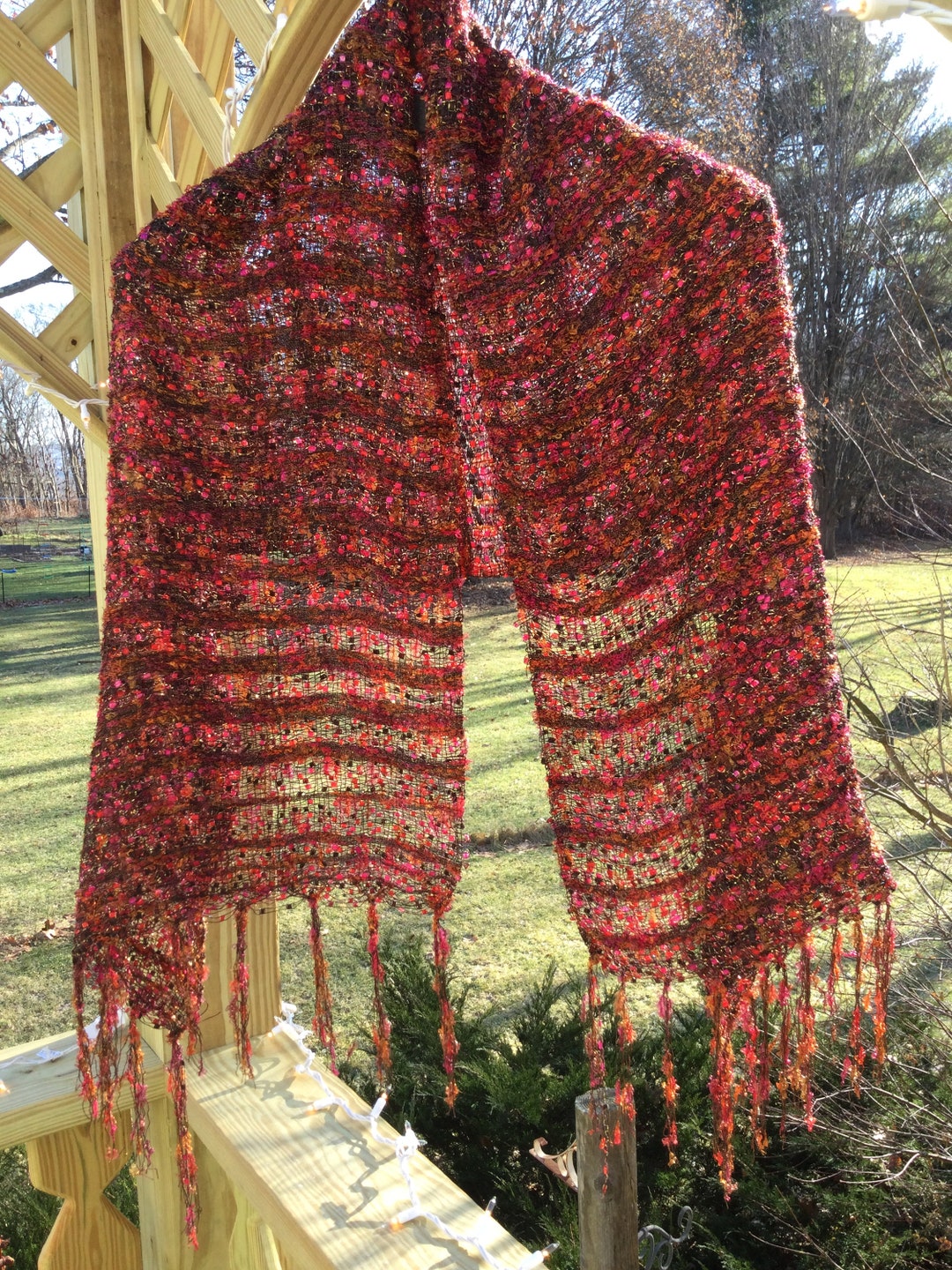 Handwoven shawl pink salmon rust ribbon and flag yarn one of a kind ...