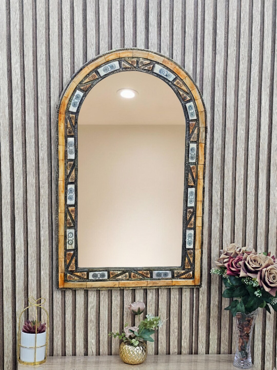 Vintage Arch Handcrafted Bone Mirror, Moroccan Wall Hanging, Engraved ...
