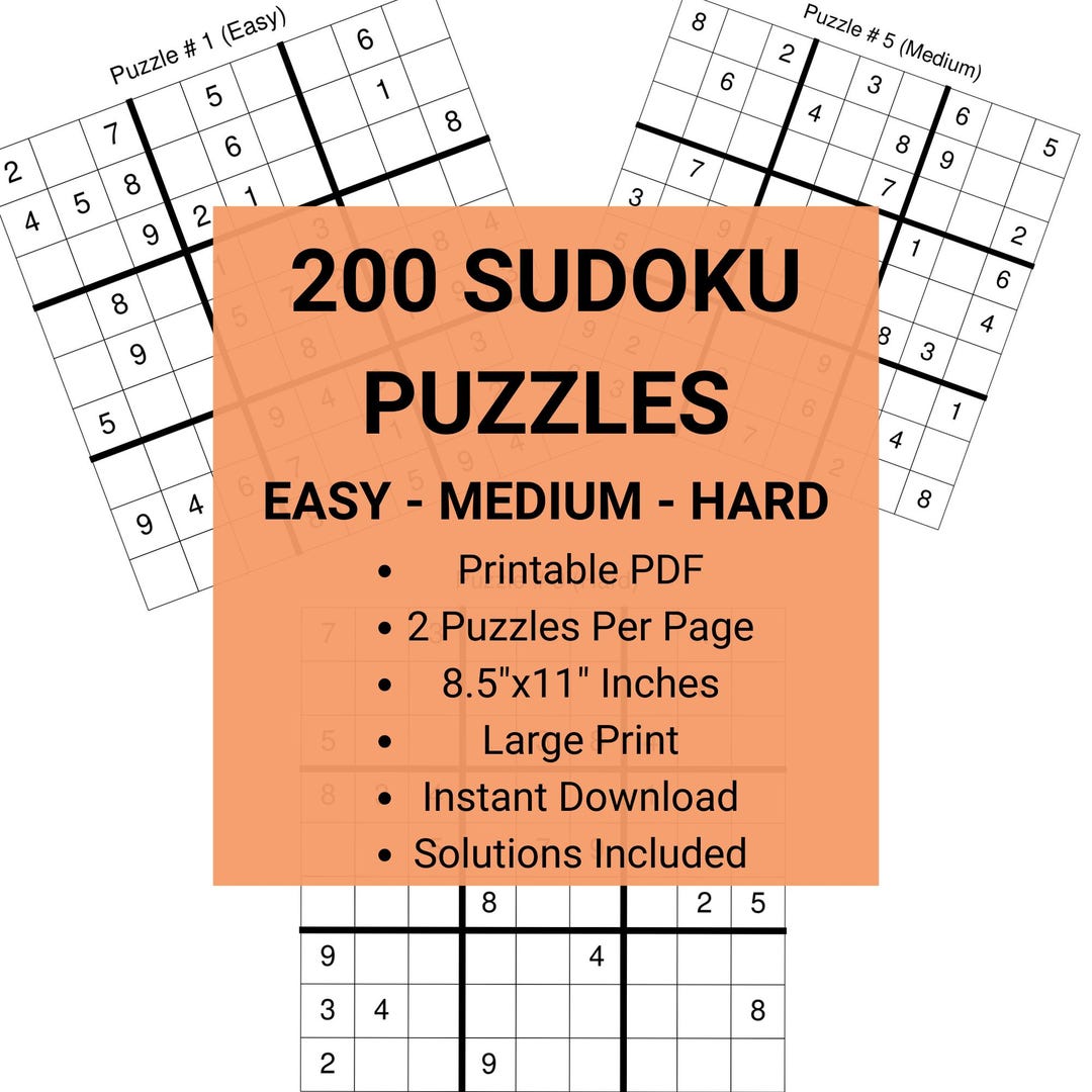 200 Sudoku Puzzles Printable | Easy, Medium & Hard | Printable PDF | 2 ...