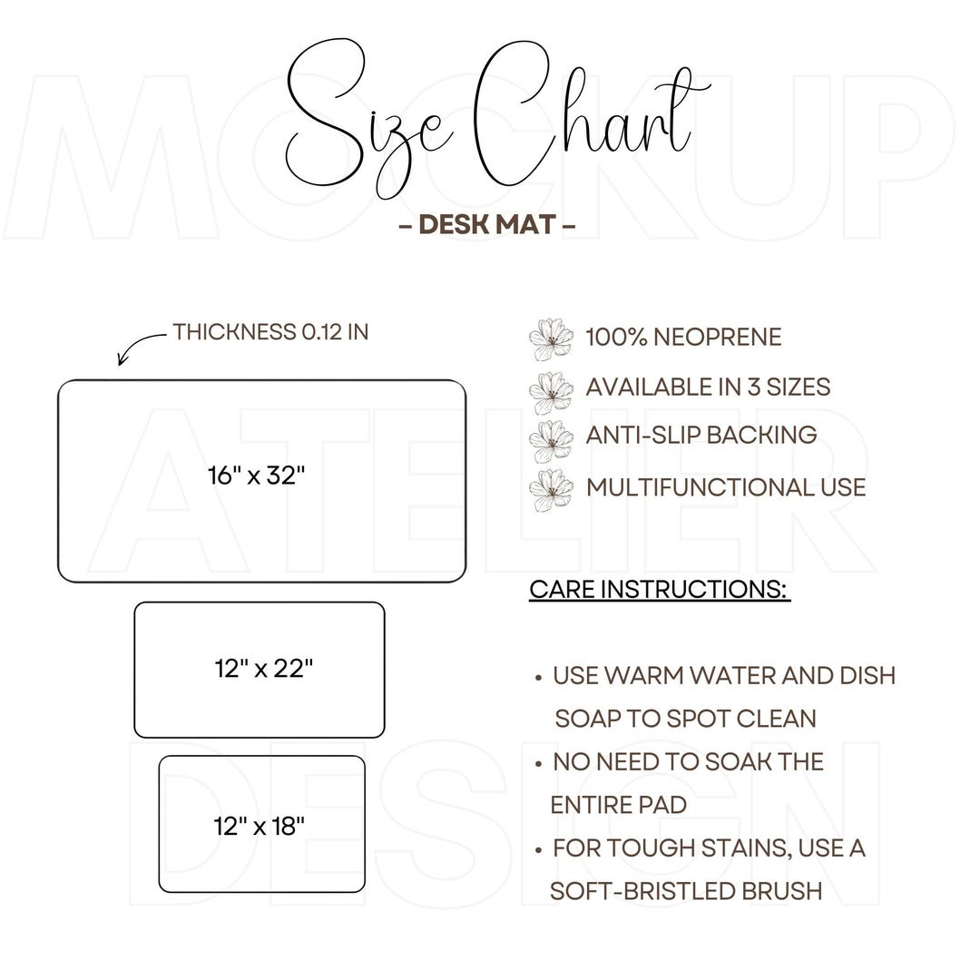 Desk Mat Size Chart Mockup, 5 Styles, Guide Mousepad Mockup Size Chart ...