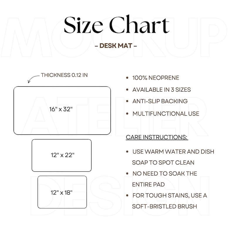 Desk Mat Size Chart Mockup, 5 Styles, Guide Mousepad Mockup Size Chart ...