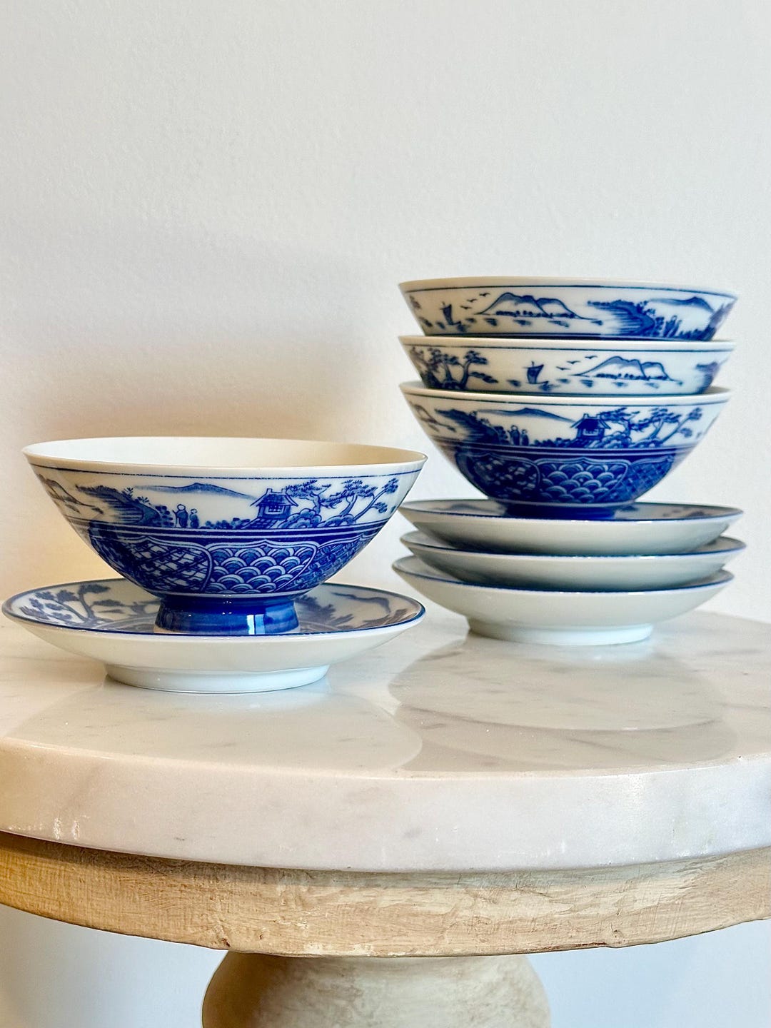 Vintage Japanese Blue & White Rice Bowls With Saucers - Set of 4 - Etsy