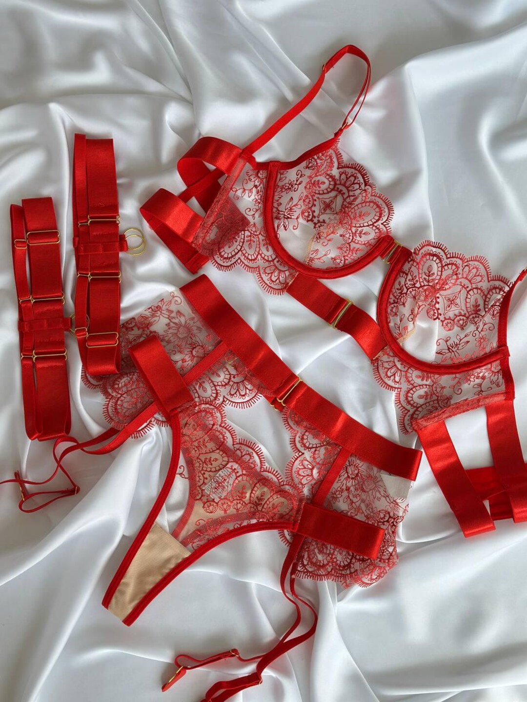 Red Embroidered Lingerie Set – Transparent Bra, Garter Belt & Thong ...