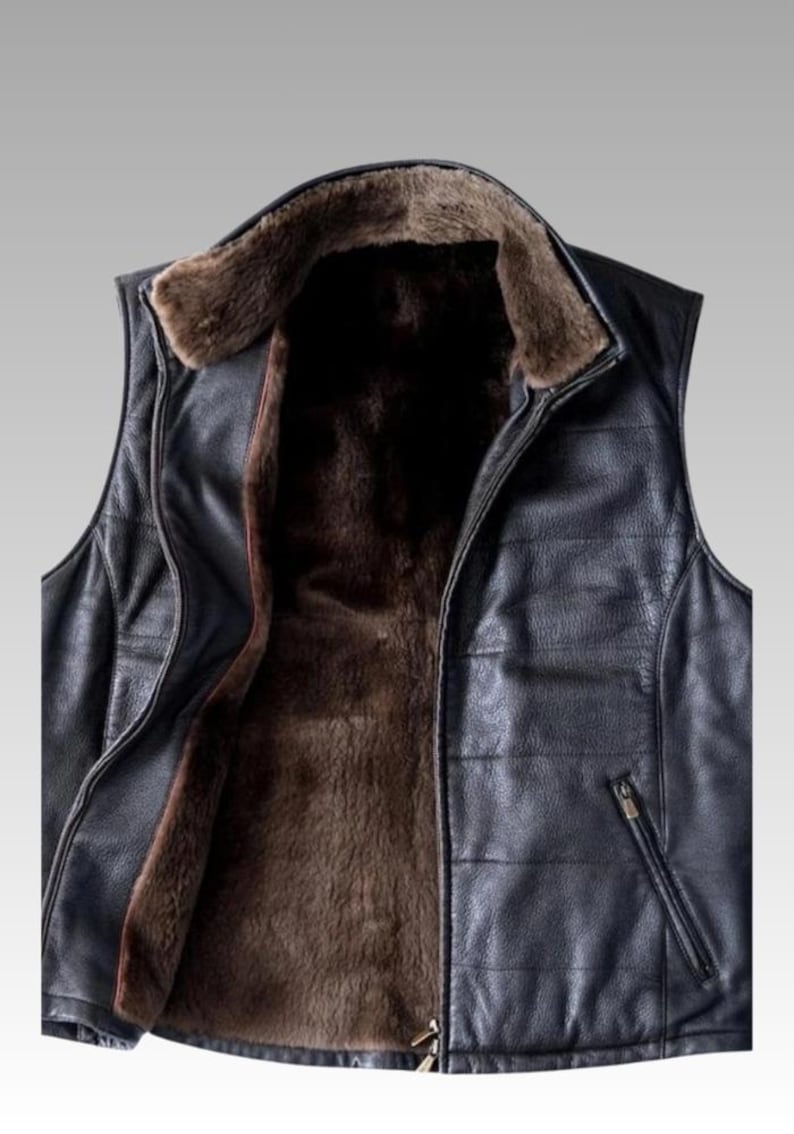 Men’s Black Shearling Vest, Real Leather Zip-up Sheepskin Fur Vest ...