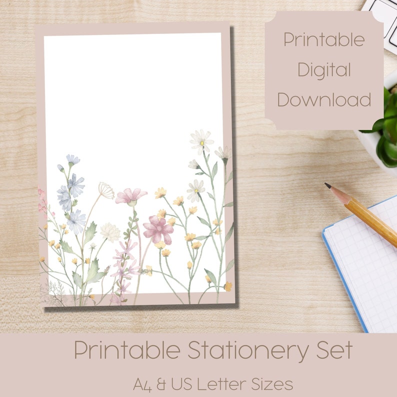 Printable Stationery Set, Wildflowers Watercolor Flowers 4 Styles, 2 ...