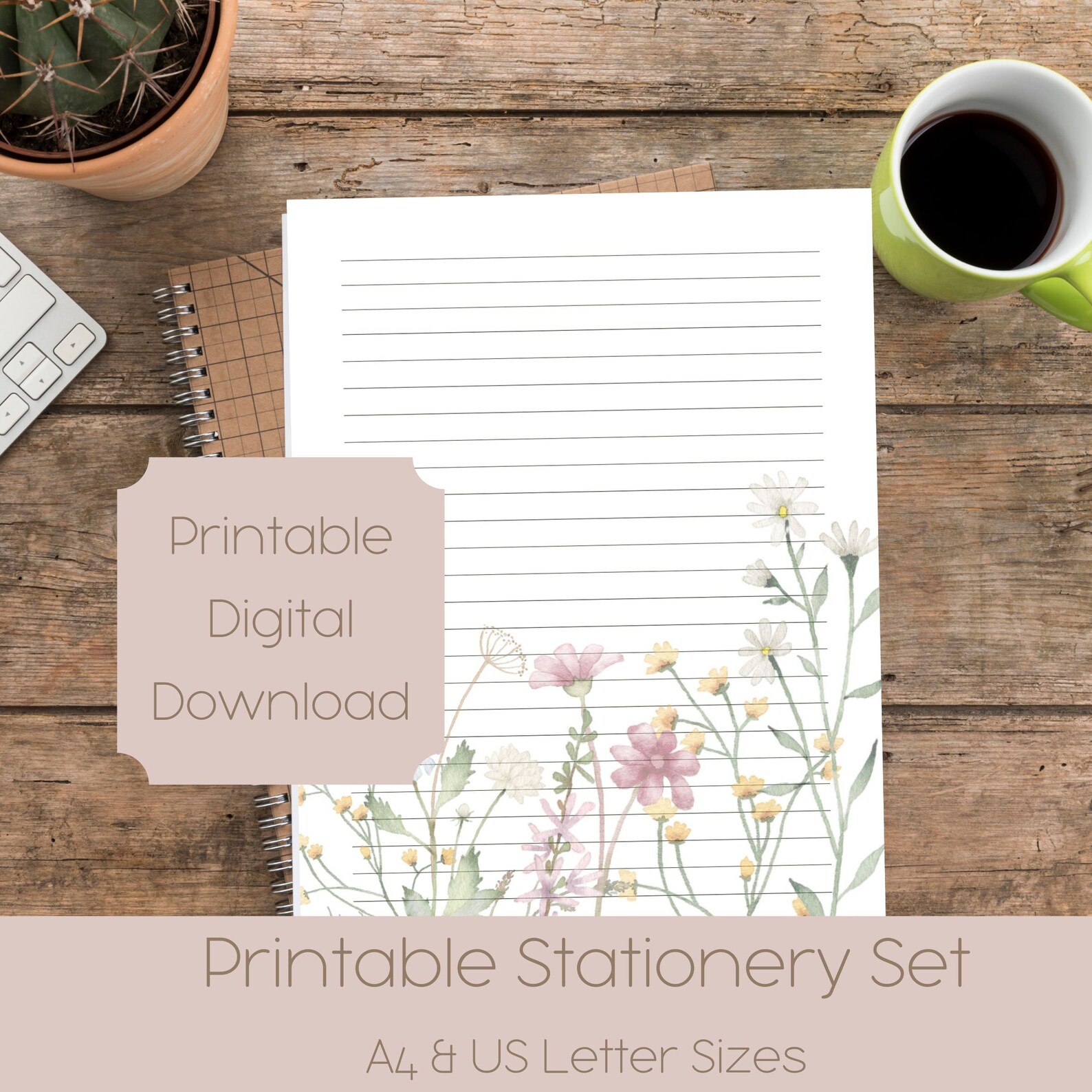 Printable Stationery Set, Wildflowers Watercolor Flowers 4 Styles, 2 ...