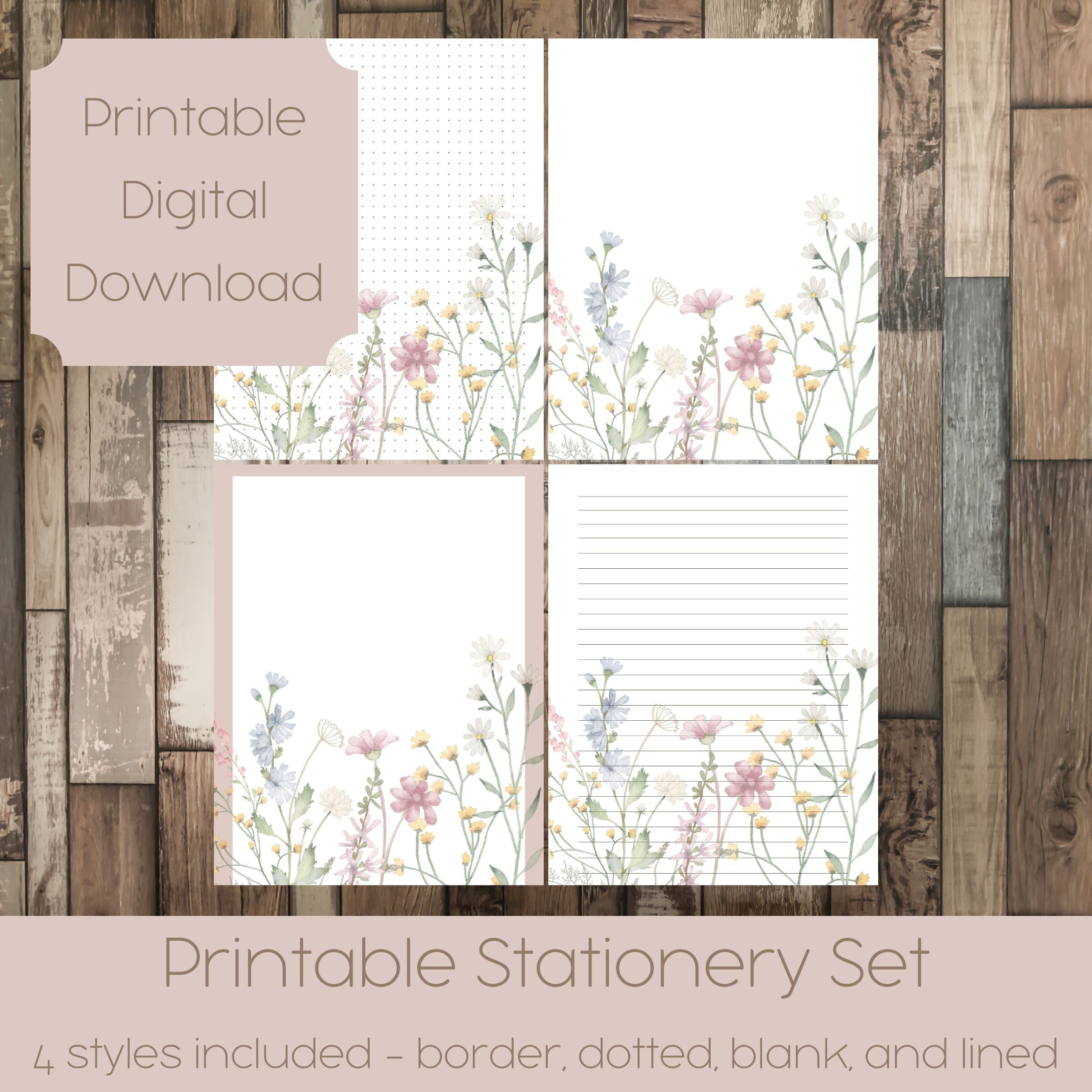 Printable Stationery Set, Wildflowers Watercolor Flowers 4 Styles, 2 ...