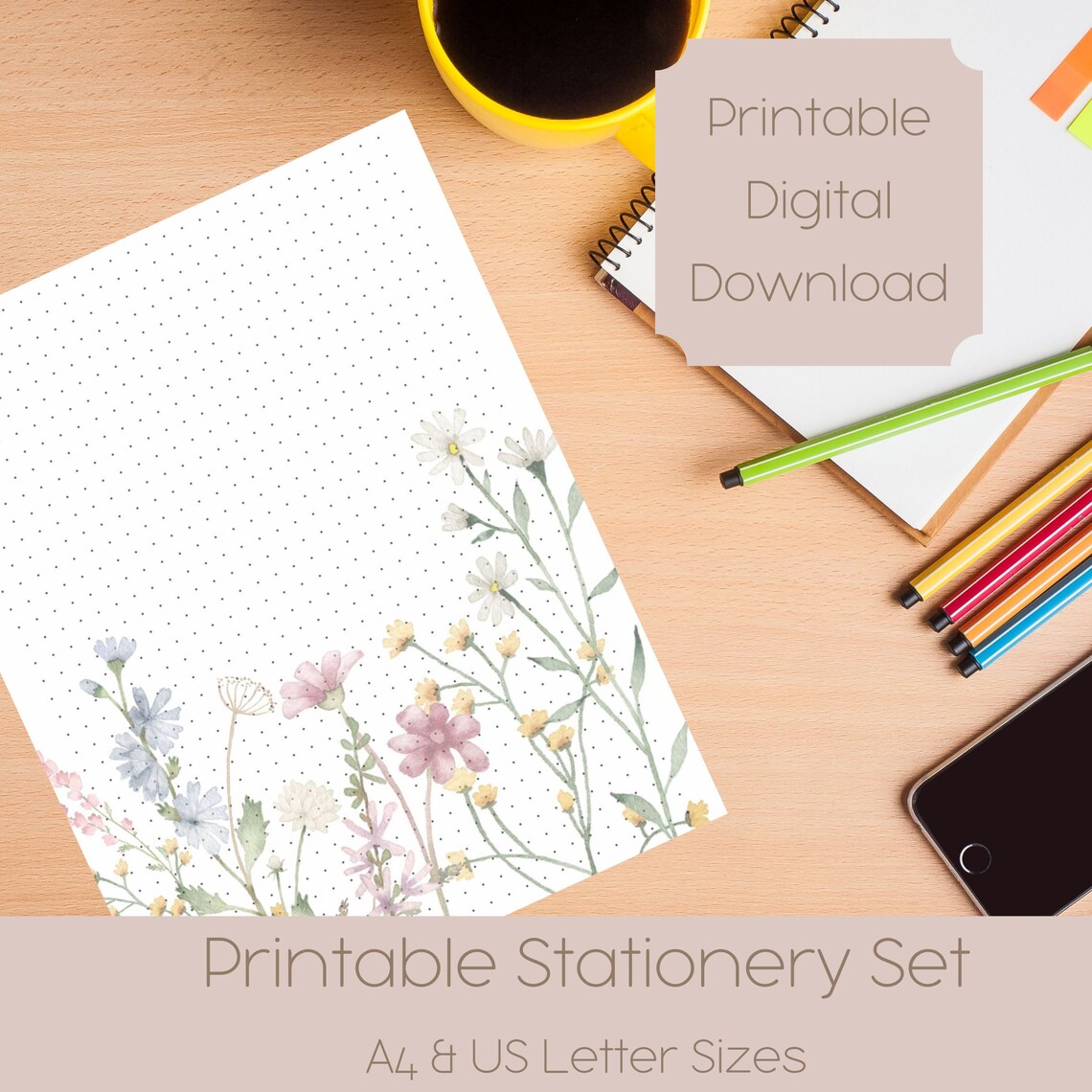 Printable Stationery Set, Wildflowers Watercolor Flowers 4 Styles, 2 ...