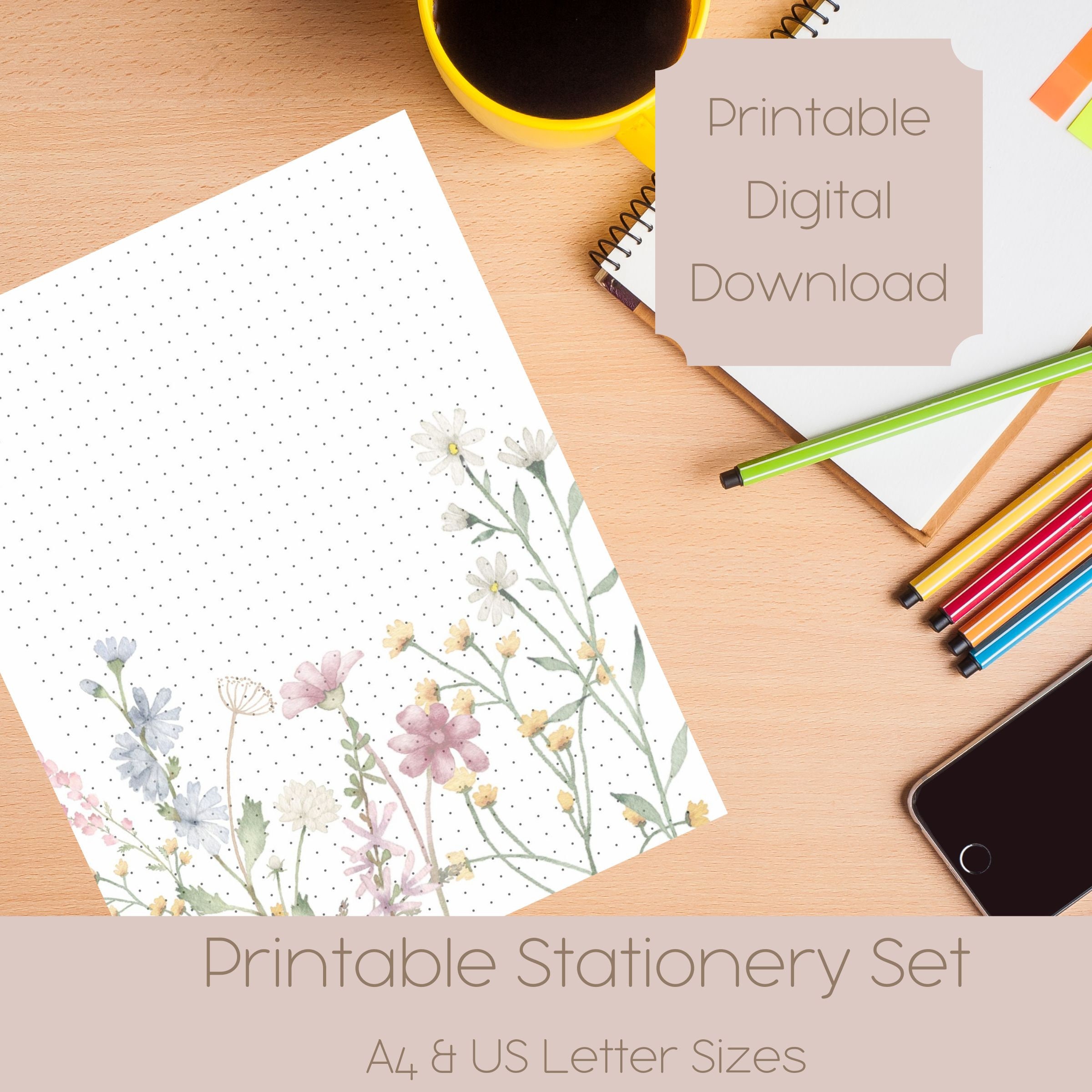 Printable Stationery Set, Wildflowers Watercolor Flowers 4 Styles, 2 ...