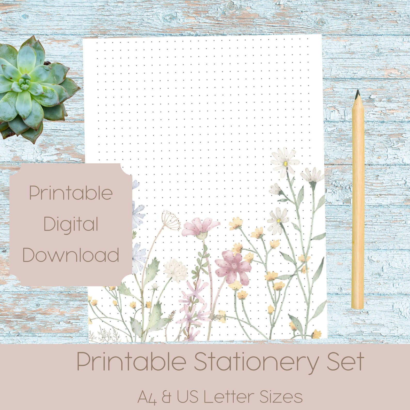 Printable Stationery Set, Wildflowers Watercolor Flowers 4 Styles, 2 ...
