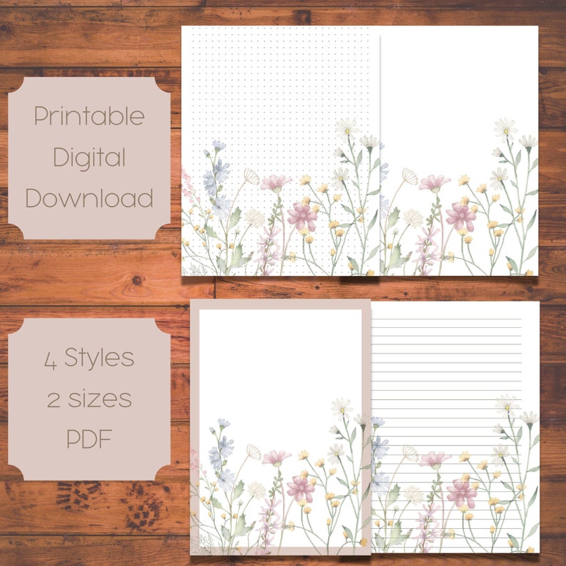 Printable Stationery Set, Wildflowers Watercolor Flowers 4 Styles, 2 ...