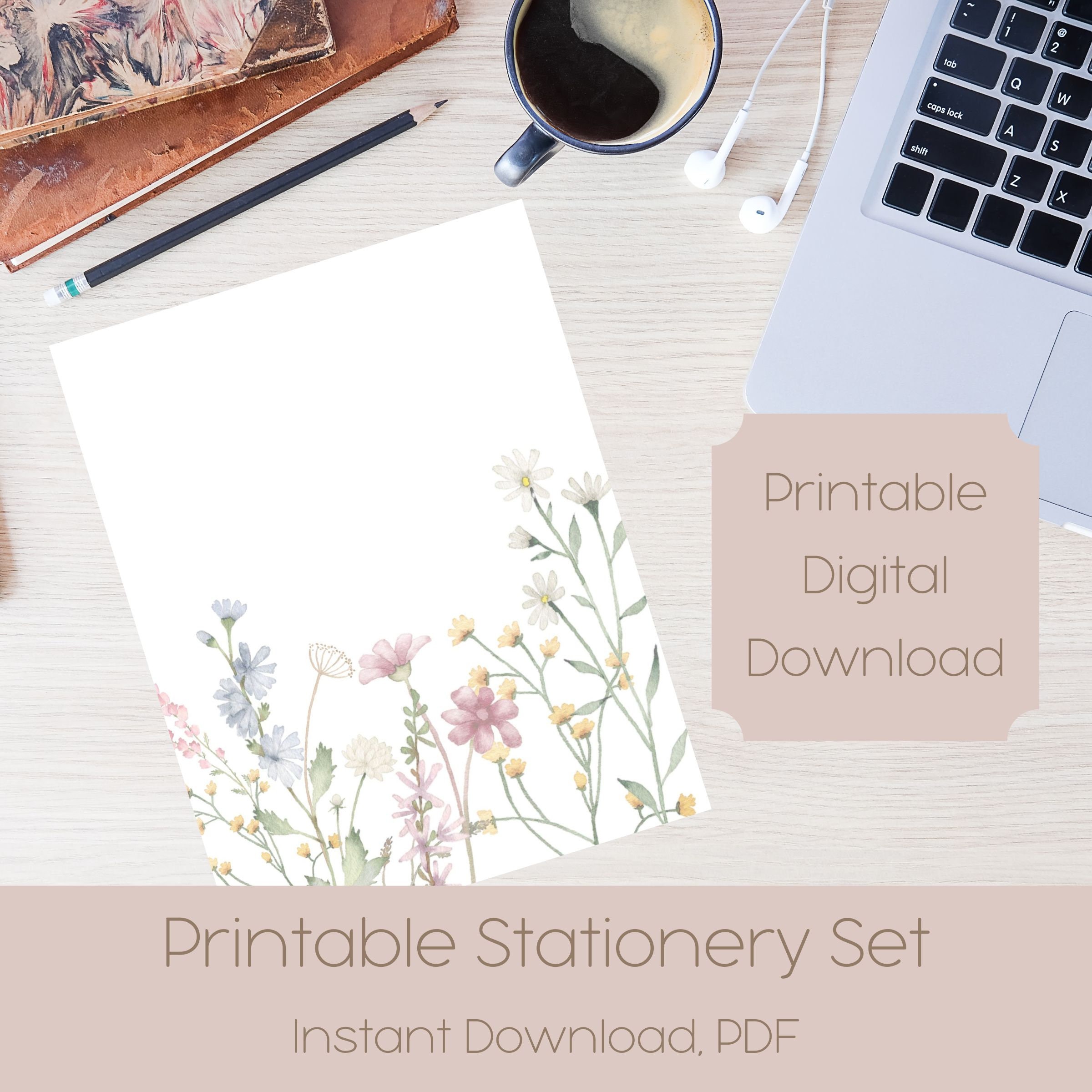 Printable Stationery Set, Wildflowers Watercolor Flowers 4 Styles, 2 ...