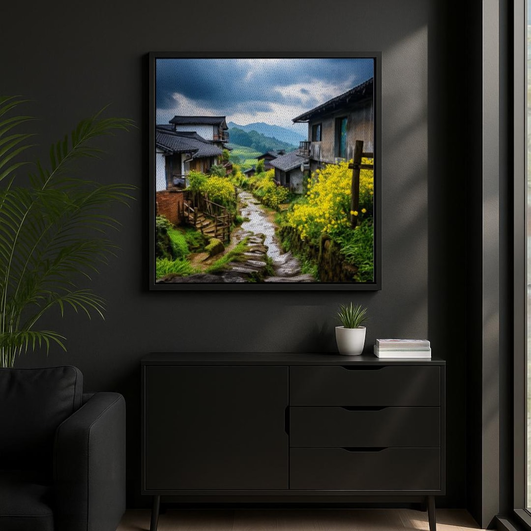 Photorealistic Asian Village Landscape Canvas Print | Serene Nature ...