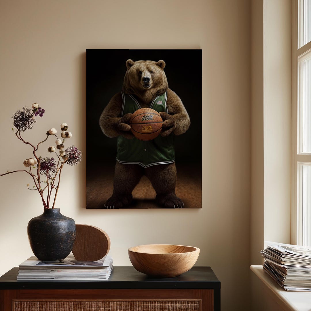 Grizzly Bear Basketball Canvas Print | Anthropomorphic Sports Wall Art ...