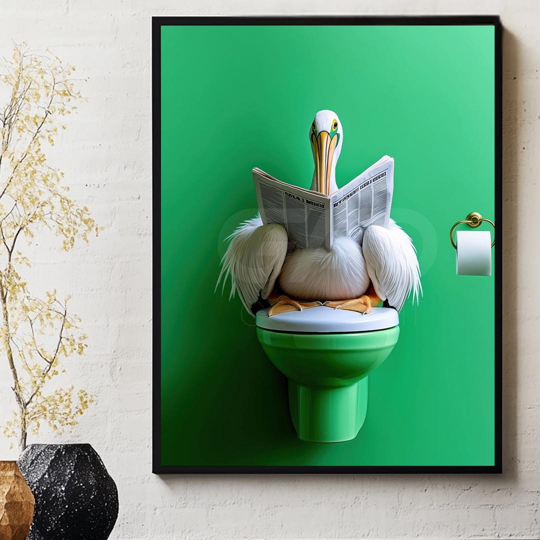 Pelican Reading Newspaper in the Toilet Poster Print, Animal, Bird ...