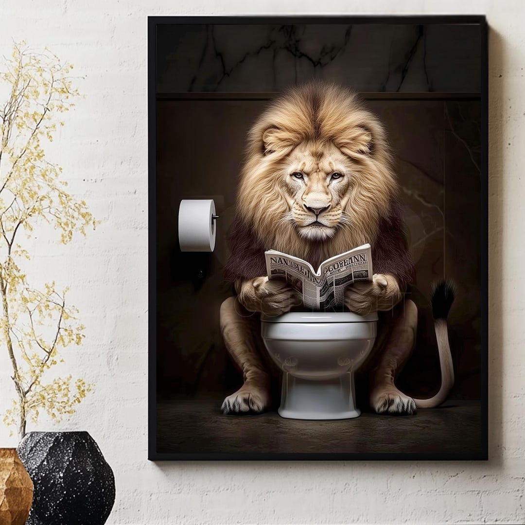 Lion Reading Newspaper in the Toilet Poster Print, Wildelife, Humor ...