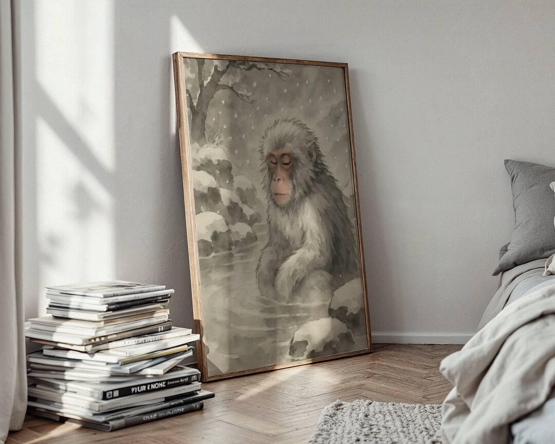 Snow Monkey in Hot Springs Digital Wall Art, Sumie Japanese Macaque Art ...
