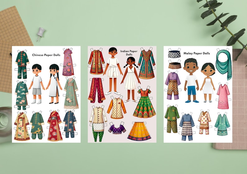 Multicultural Paper Dolls, Chinese, Indian, Malay Outfits (digital ...