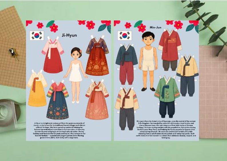 Korean Traditional Hanbok Paper Dolls Printable Korean Cultural Paper ...
