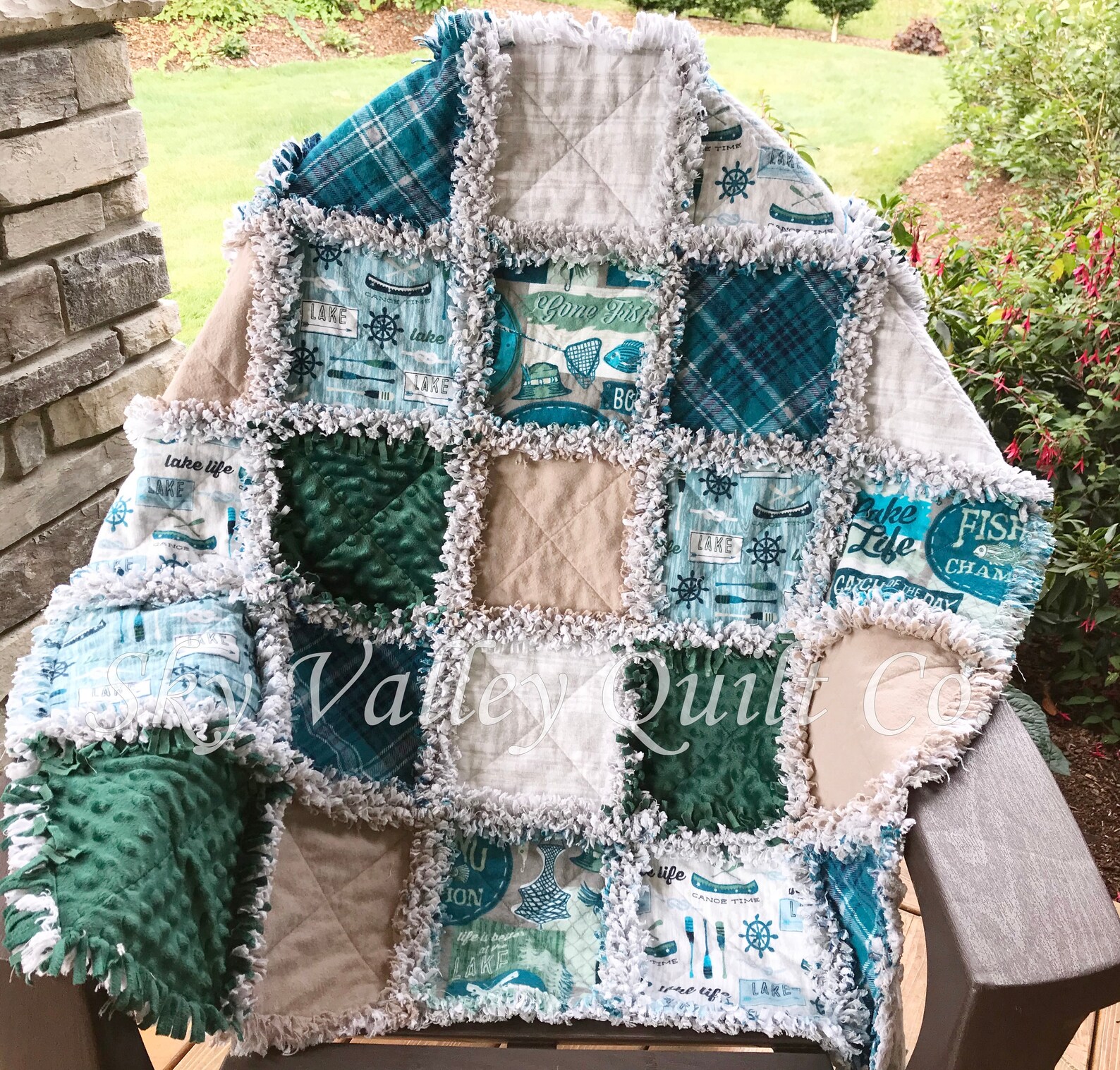 Finished Rag Quilt Lake Fishing in Teal Gray and Green - Etsy