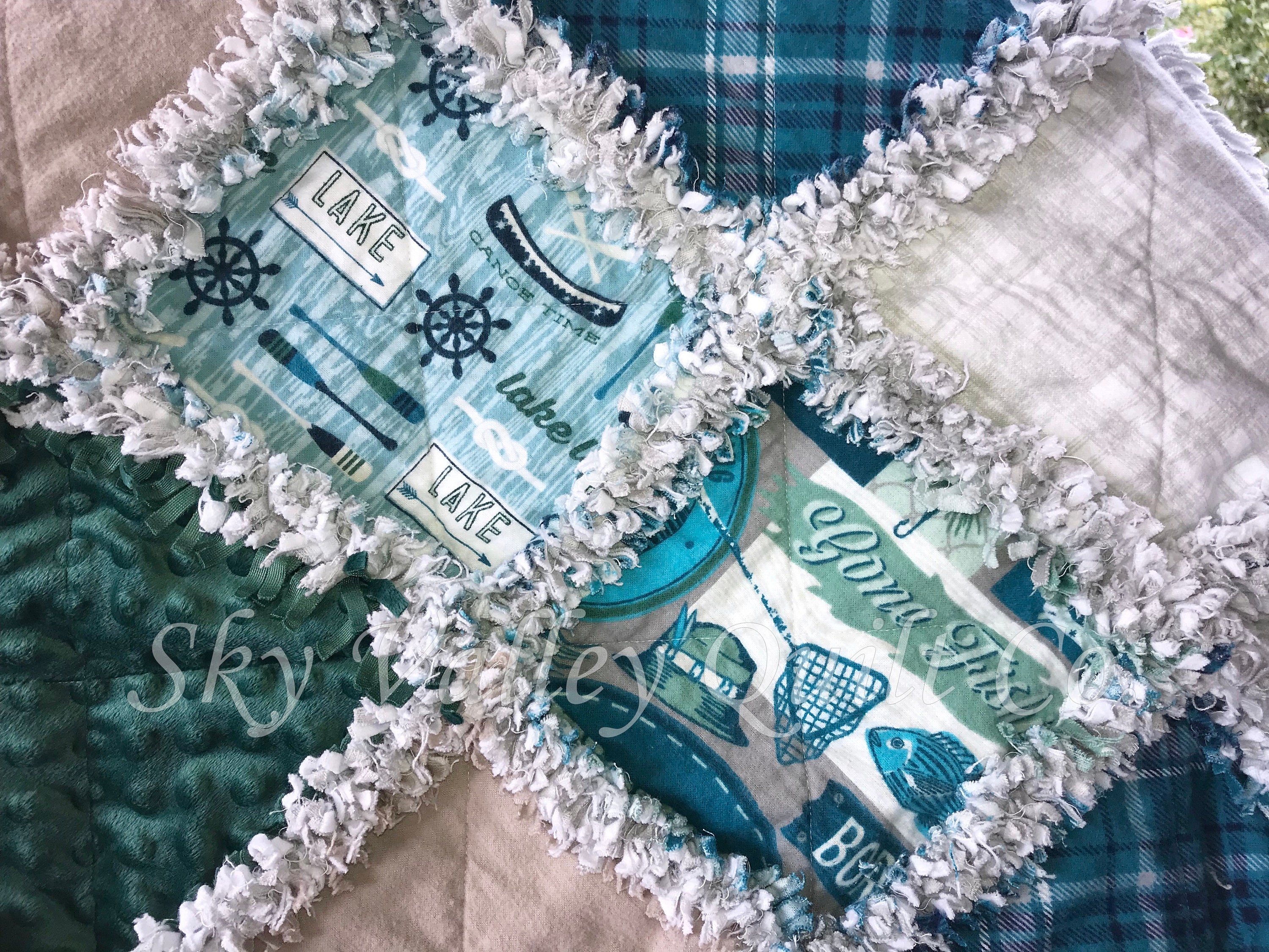 Finished rag quilt Lake Fishing in Teal gray and green | Etsy