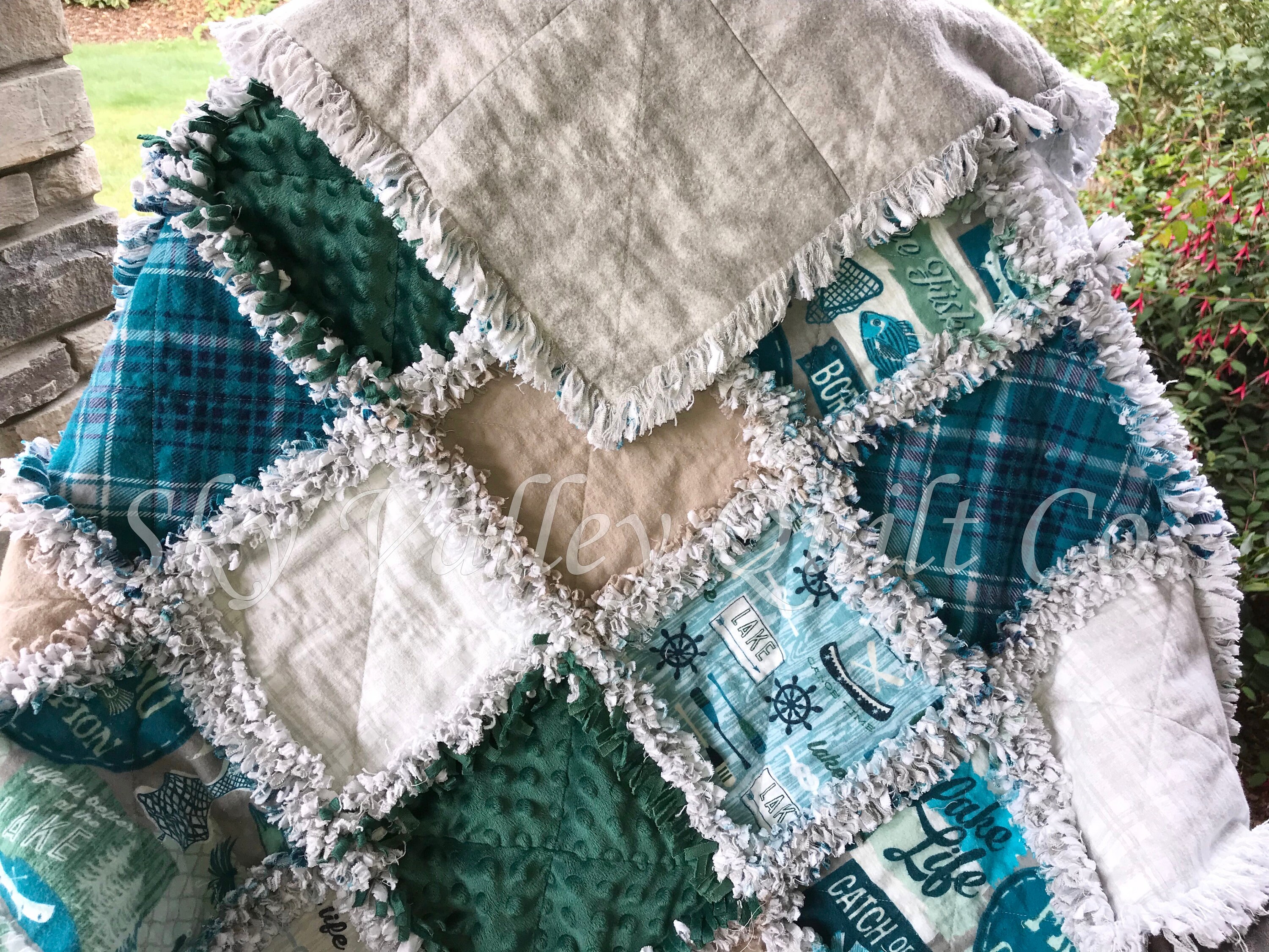 Finished rag quilt Lake Fishing in Teal gray and green | Etsy