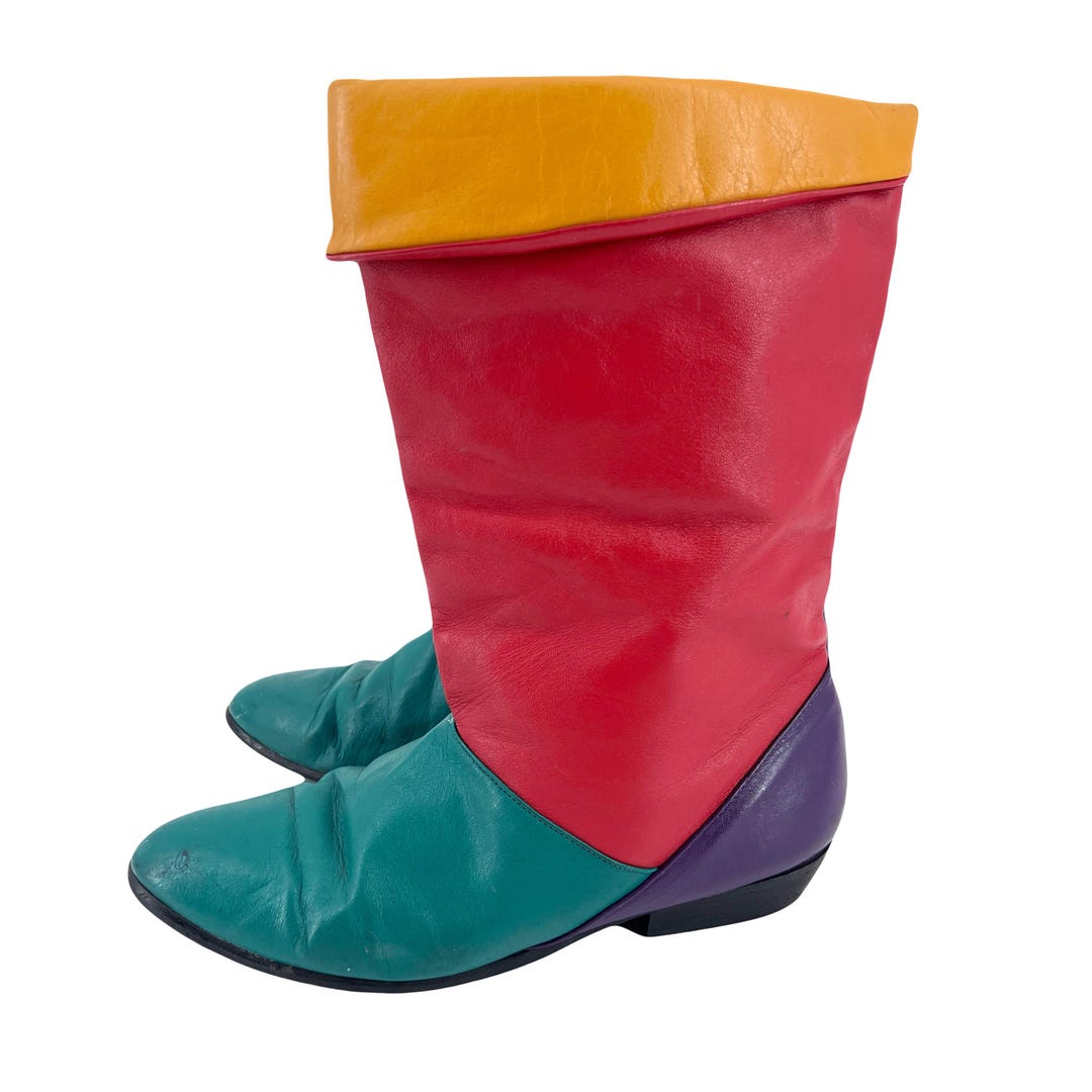 Vintage 80s Leather Boots Color Block Slouch Multicolored 1980s Unique ...