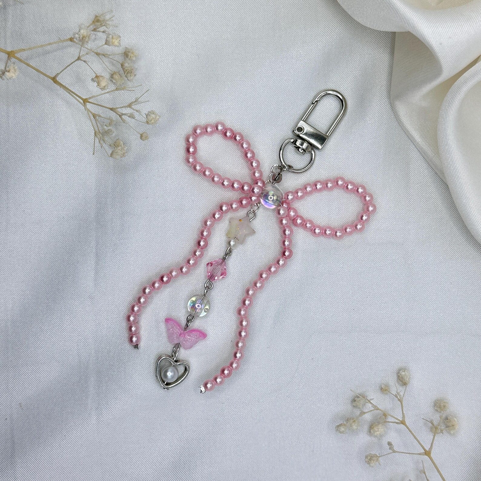 Coquette Pink Beaded Bow Keychain – Star and Butterfly Charms, Silver ...