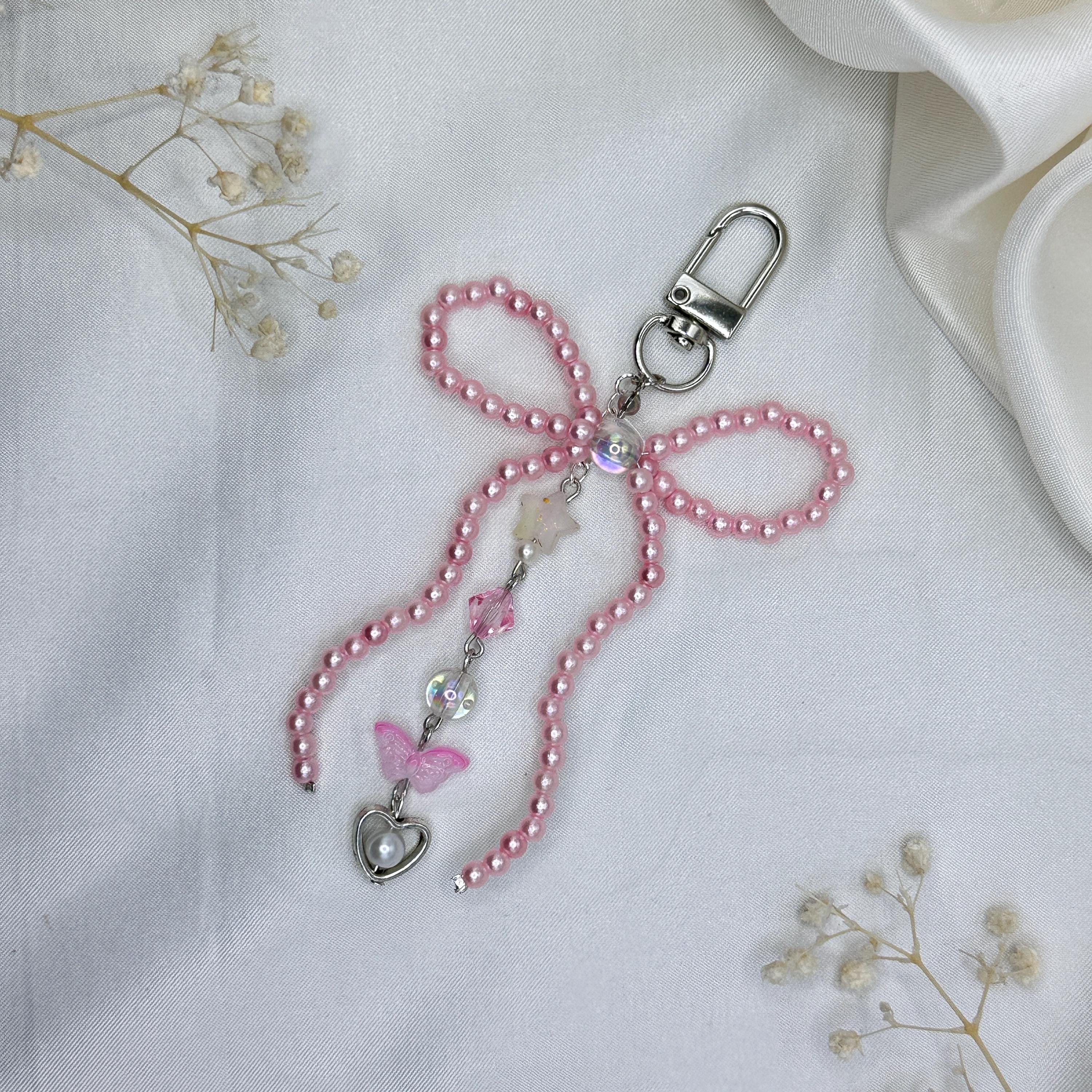 Coquette Pink Beaded Bow Keychain – Star and Butterfly Charms, Silver ...