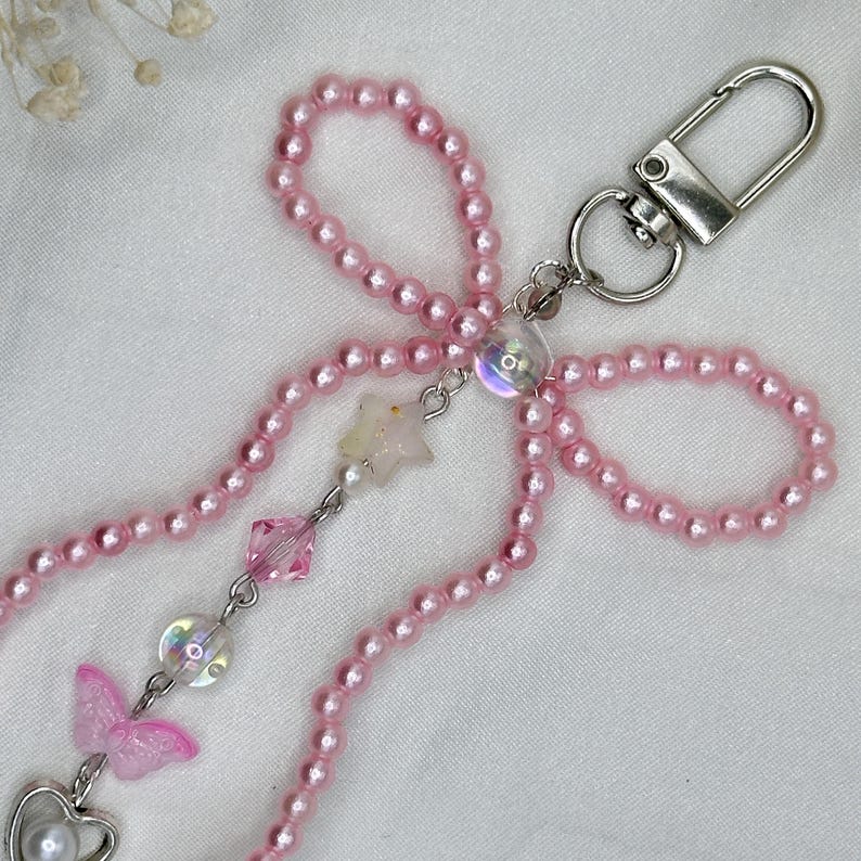 Coquette Pink Beaded Bow Keychain – Star and Butterfly Charms, Silver ...