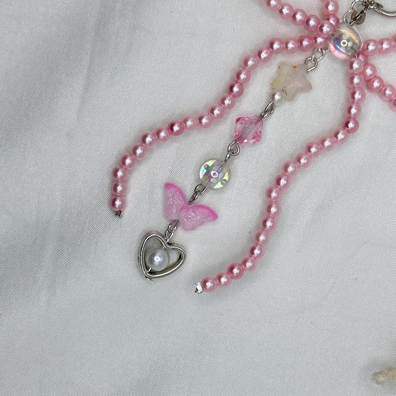 Coquette Pink Beaded Bow Keychain – Star and Butterfly Charms, Silver ...