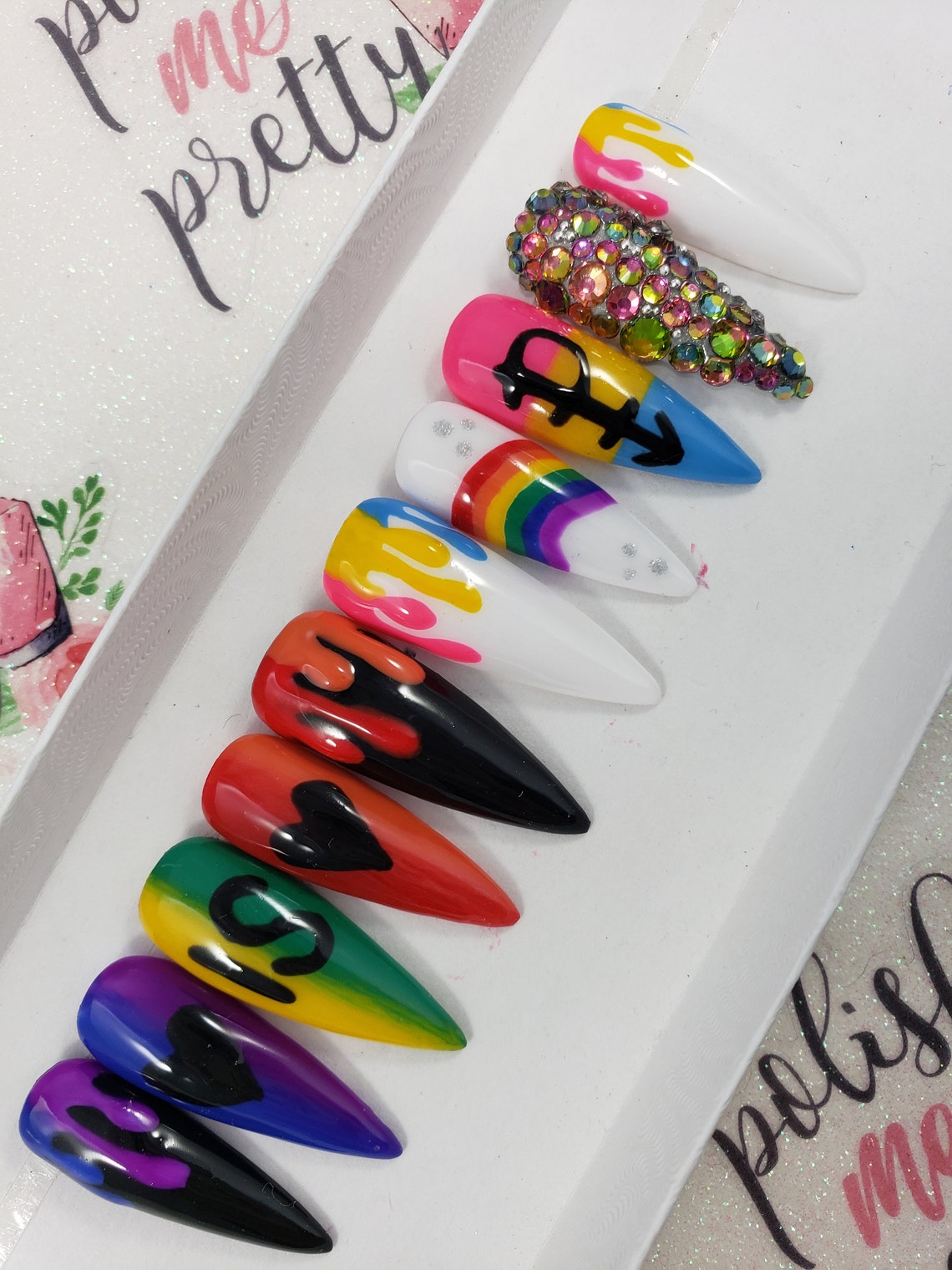 Pride Rainbow Nails Pansexual Symbol Drip Nails Rhinestone Etsy