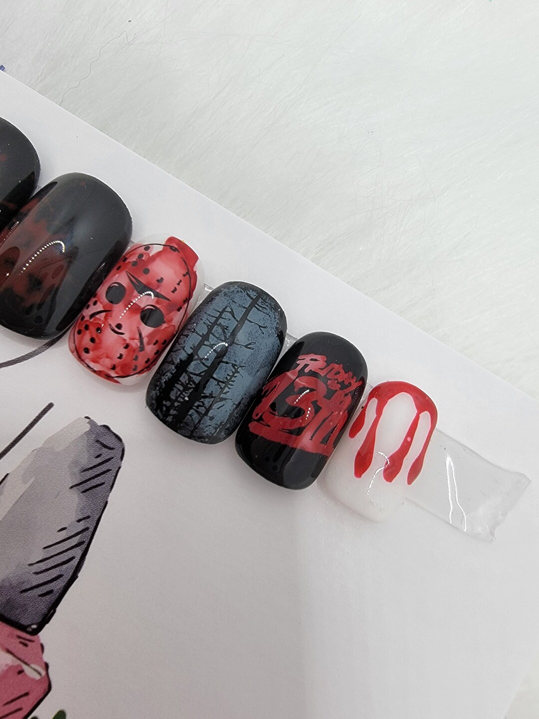 Handpainted Fake False Press on Nails Friday the 13th Halloween Jason ...