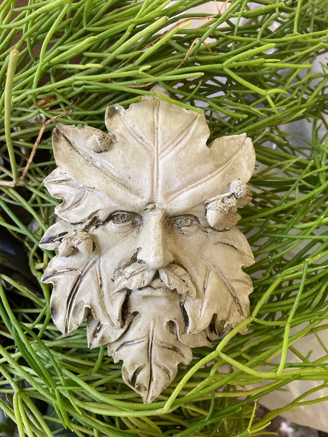 ONE Concrete Cement Small Green Man Garden Statue Oak Leaf Wall Hanging ...