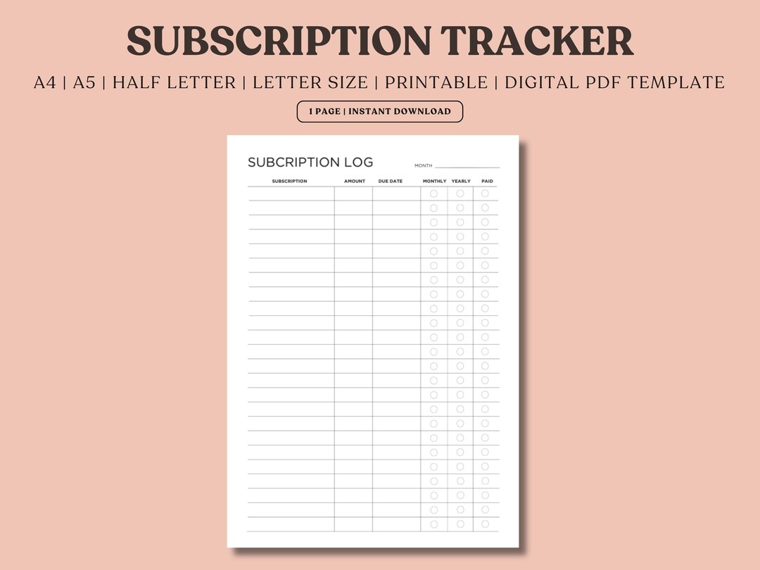 Subscription Tracker Printable, Digital PDF Template Insert, Recurring ...