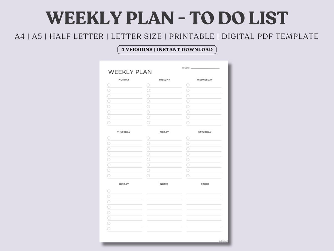 Weekly To-do List Printable, Weekly Task List Template, Minimalist ...