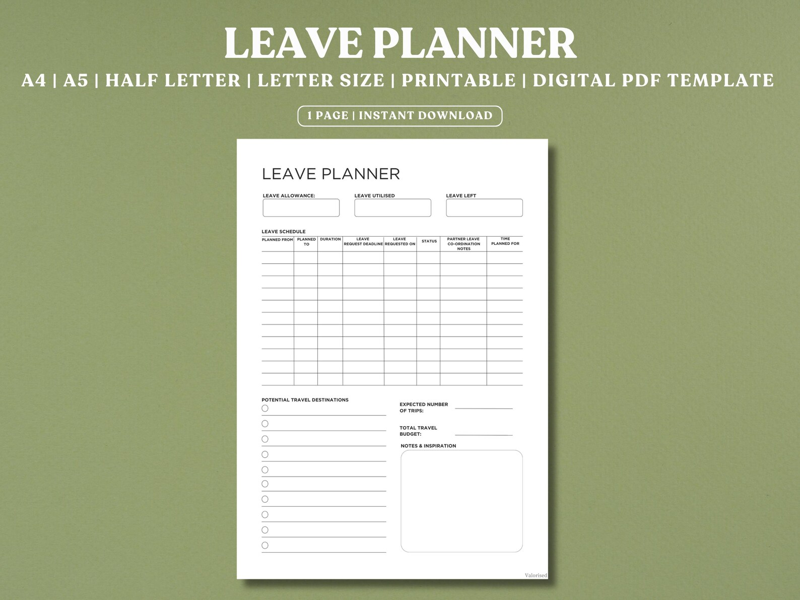 Leave Planner Printable, Employee Time off Tracker, Vacation Schedule ...