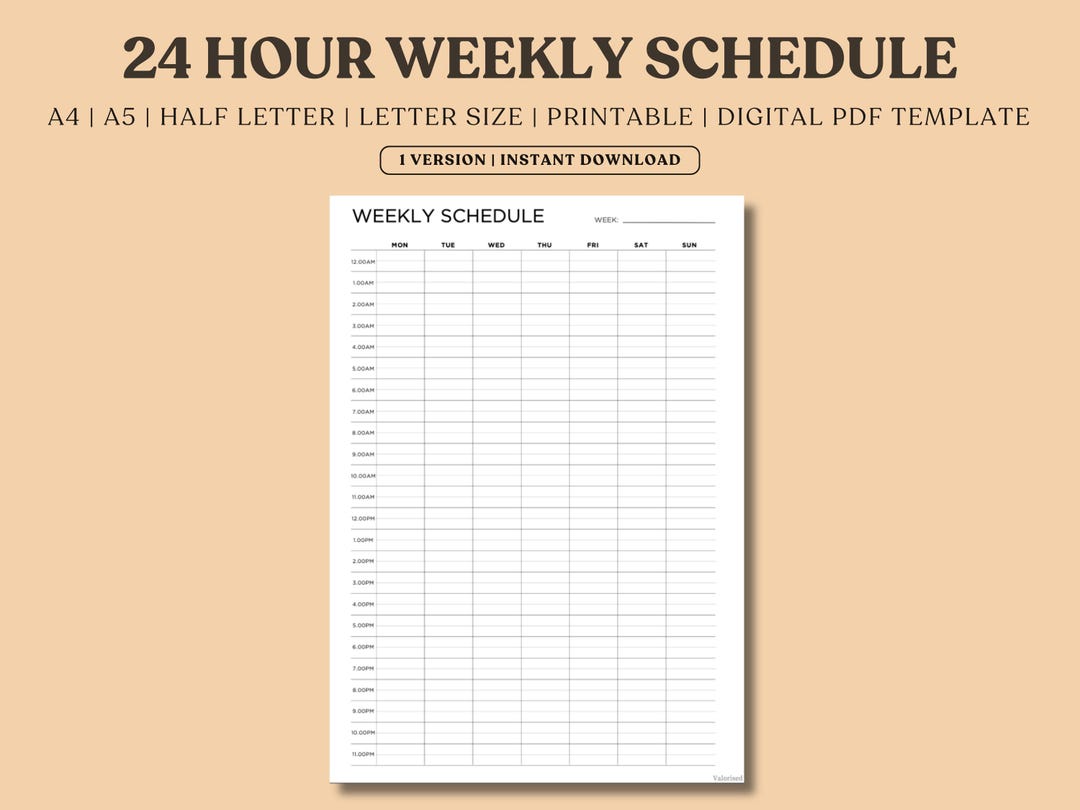 24 Hour Weekly Schedule, Week at a Glance, Minimalist Weekly Agenda ...