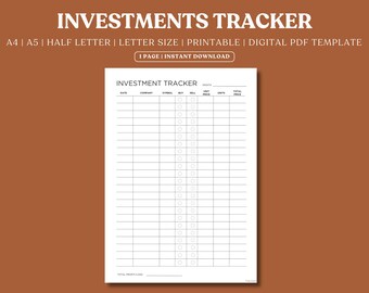 Investment Tracker Printable | Stock Portfolio Progress Log | Money Management Planner | Instant ...
