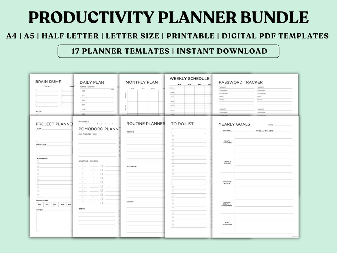 Productivity Planner Bundle Printable, Planner Inserts, Digital PDF ...