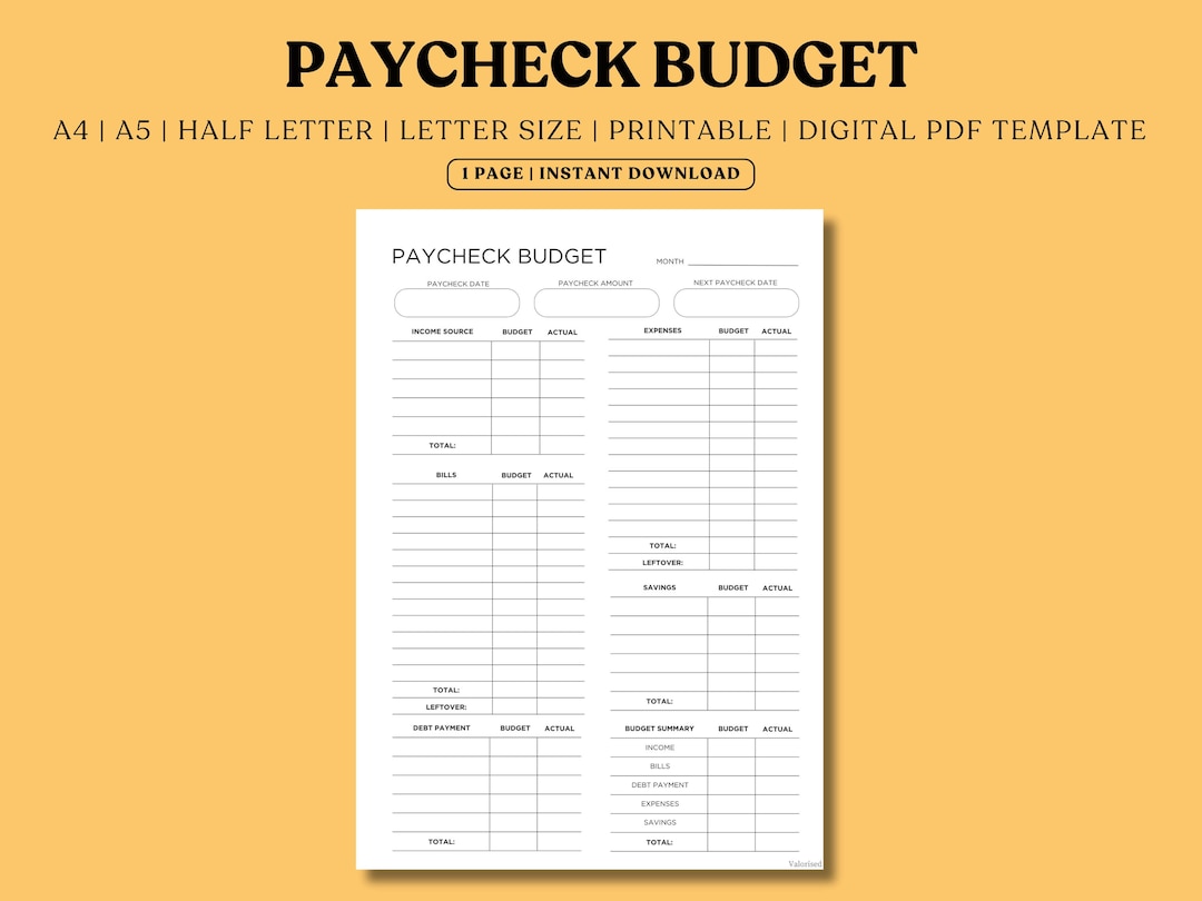 Paycheck Budget Tracker Printable, Finance Planner, Monthly Expense Log ...