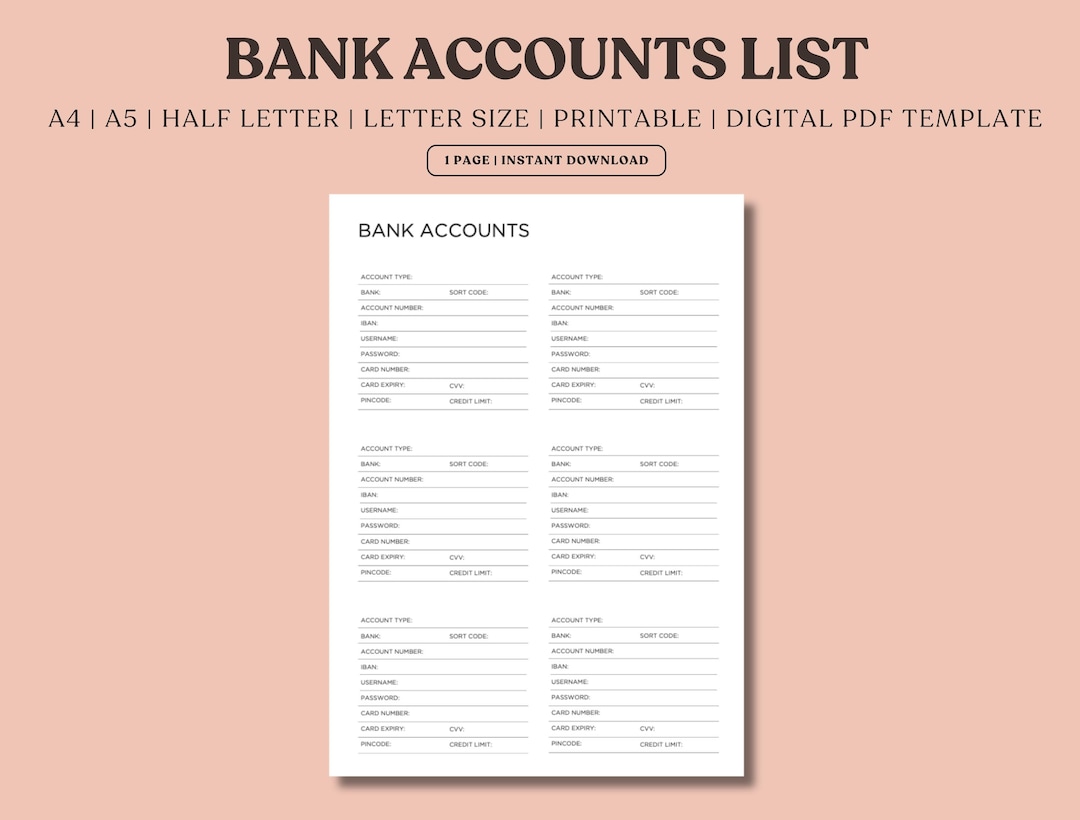 Bank Account Information Sheet Printable, Secure Password Log, Credit ...