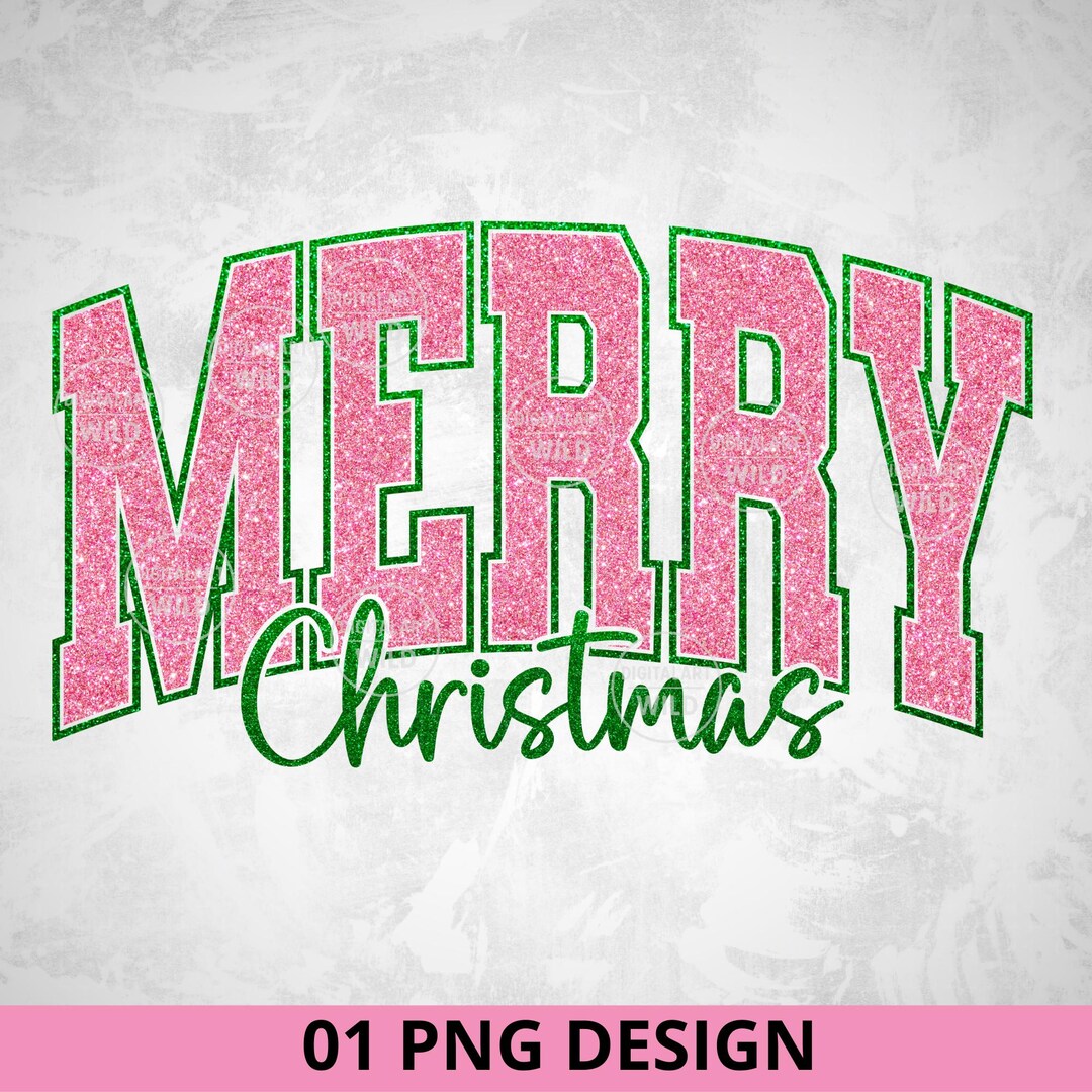 Merry Christmas Pink Glitter Varsity Letters PNG, Green Outline ...