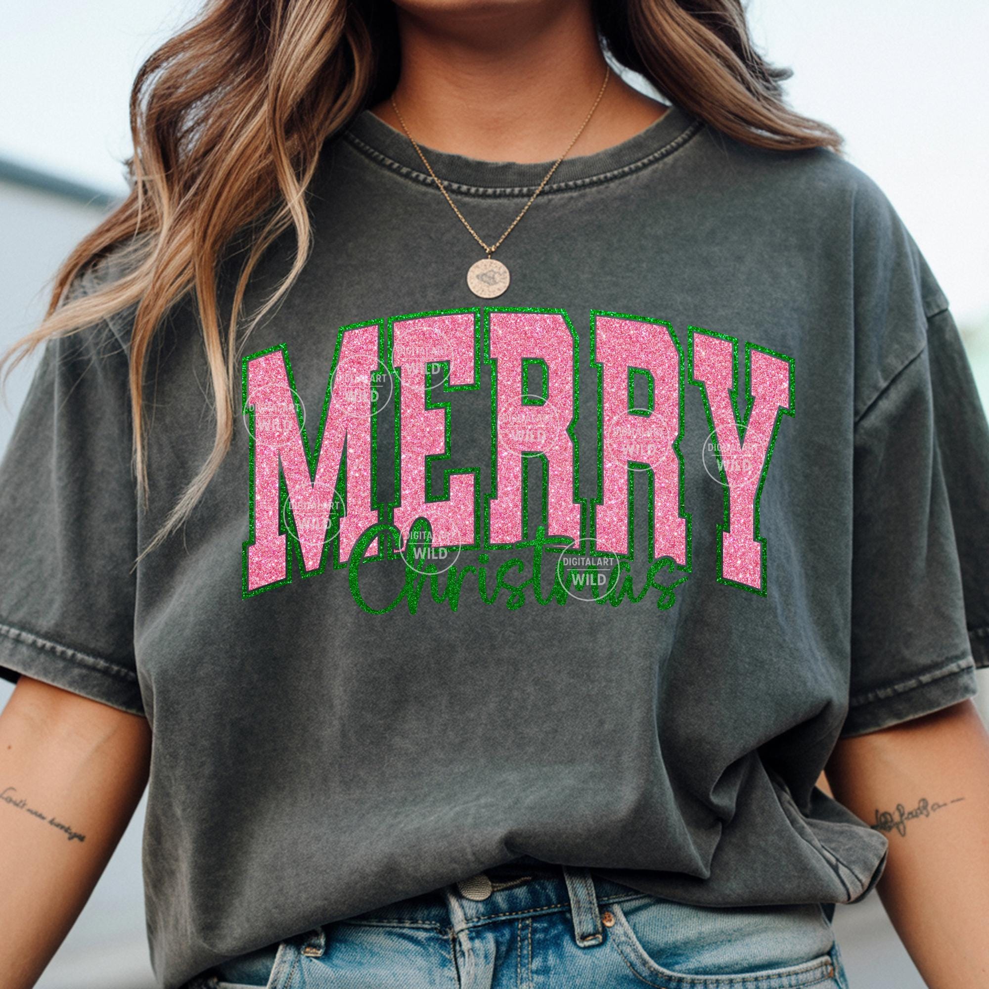 Merry Christmas Pink Glitter Varsity Letters PNG, Green Outline ...